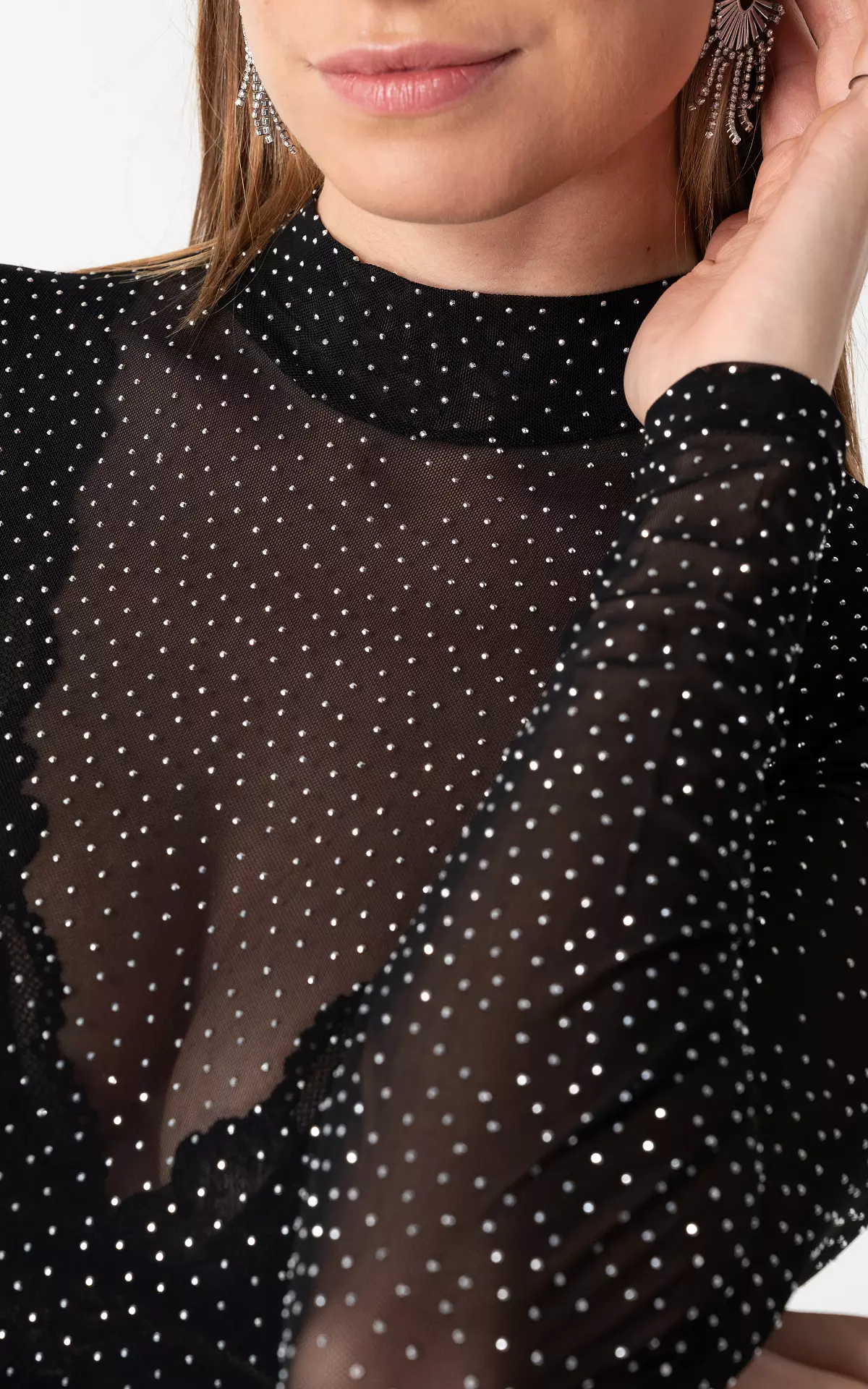 See through body met zilverkleurige steentjes - Zwart Zilver