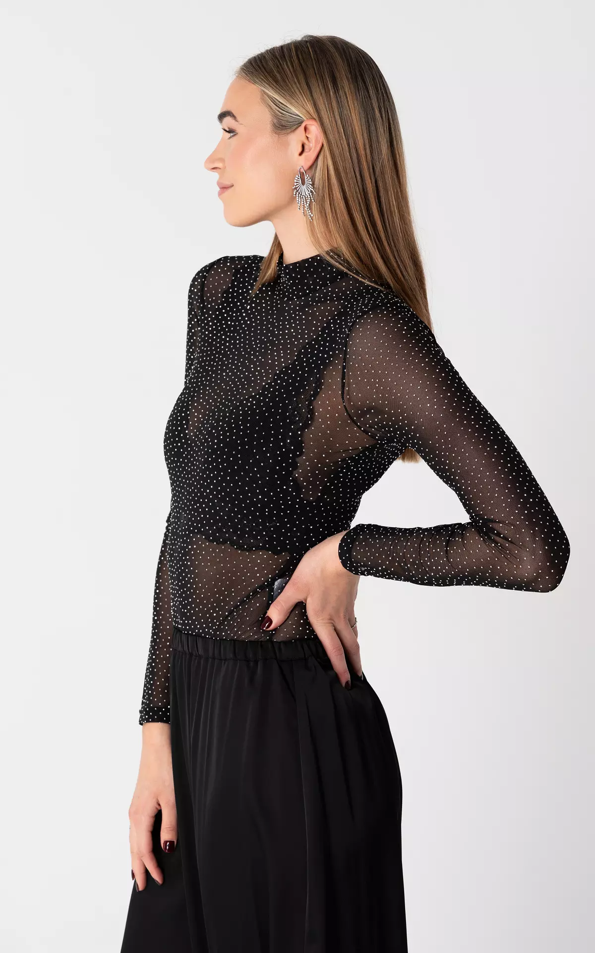 See through body met zilverkleurige steentjes - Zwart Zilver