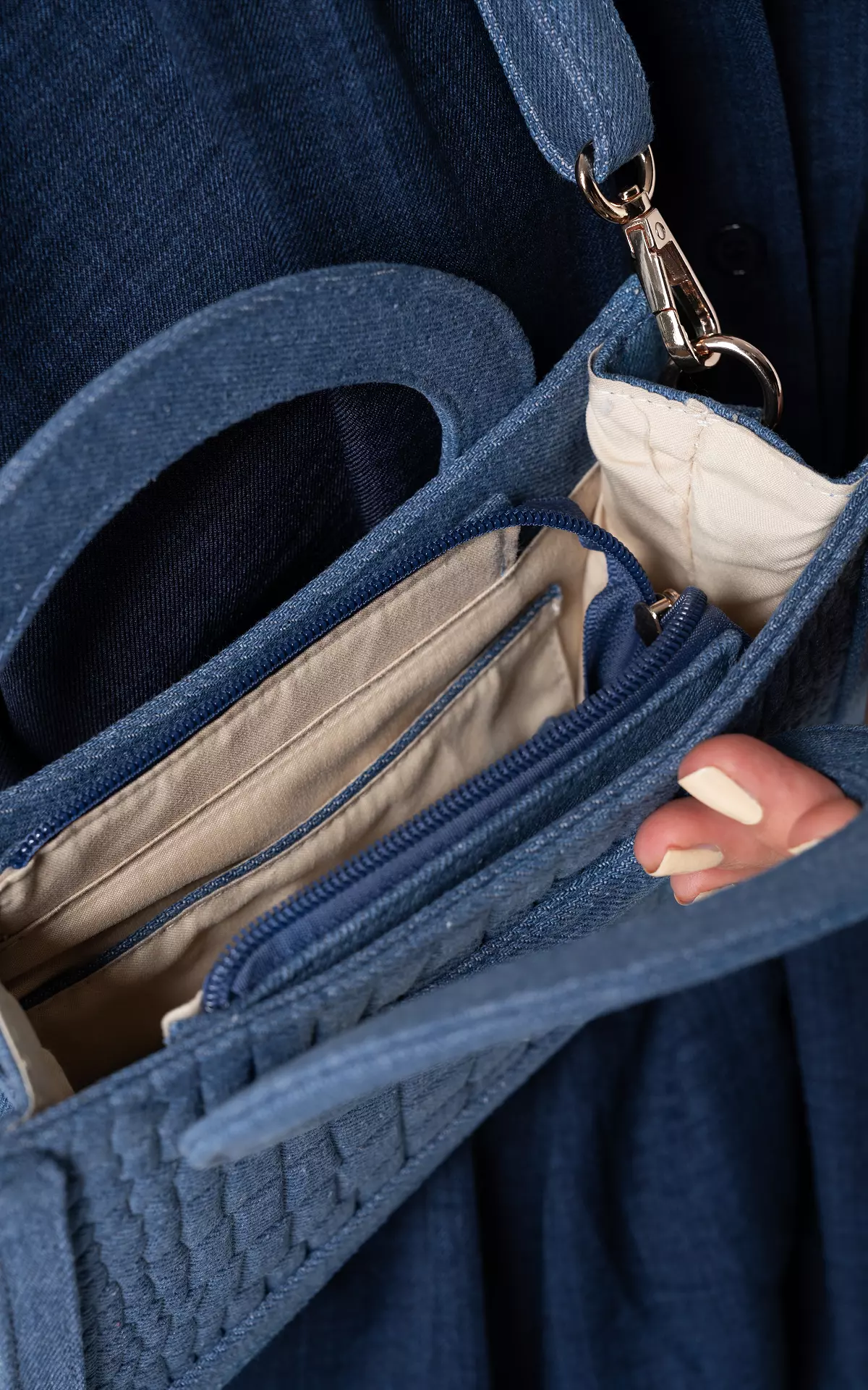 Denim look tas met verstelbaar hengsel - Blauw